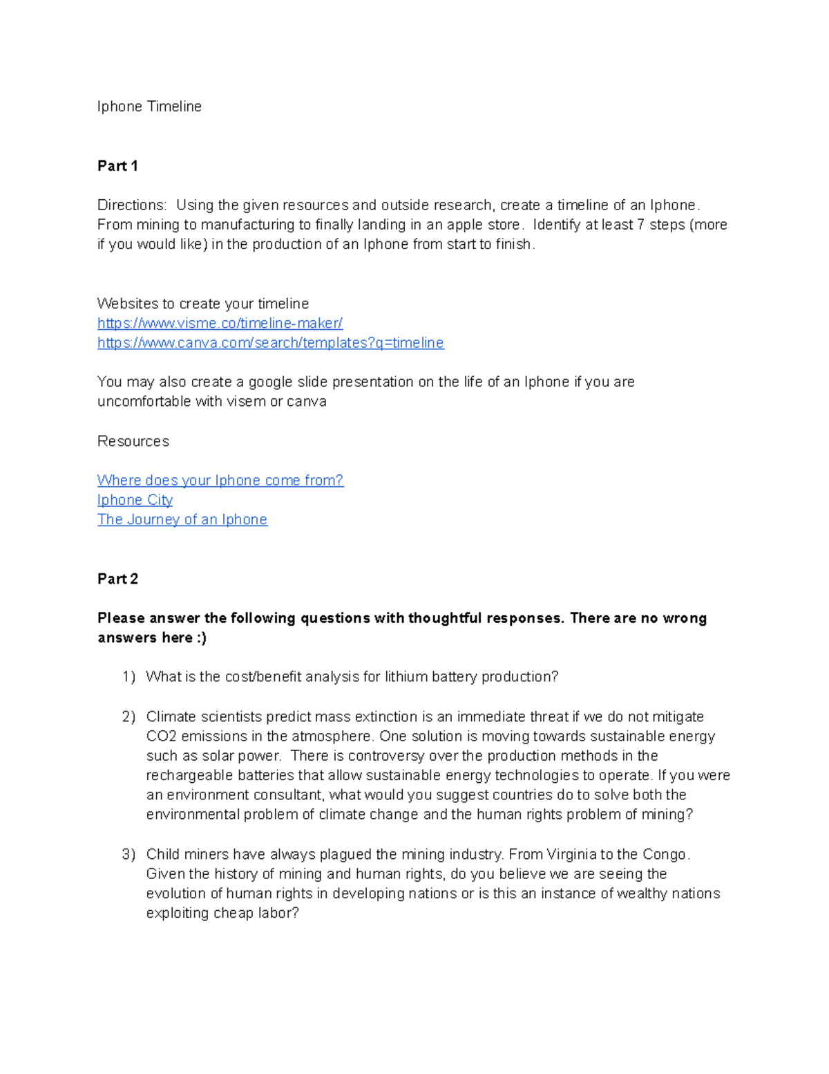 Iphone Timeline - Iphone Timeline Part 1 Directions: Using the given ...