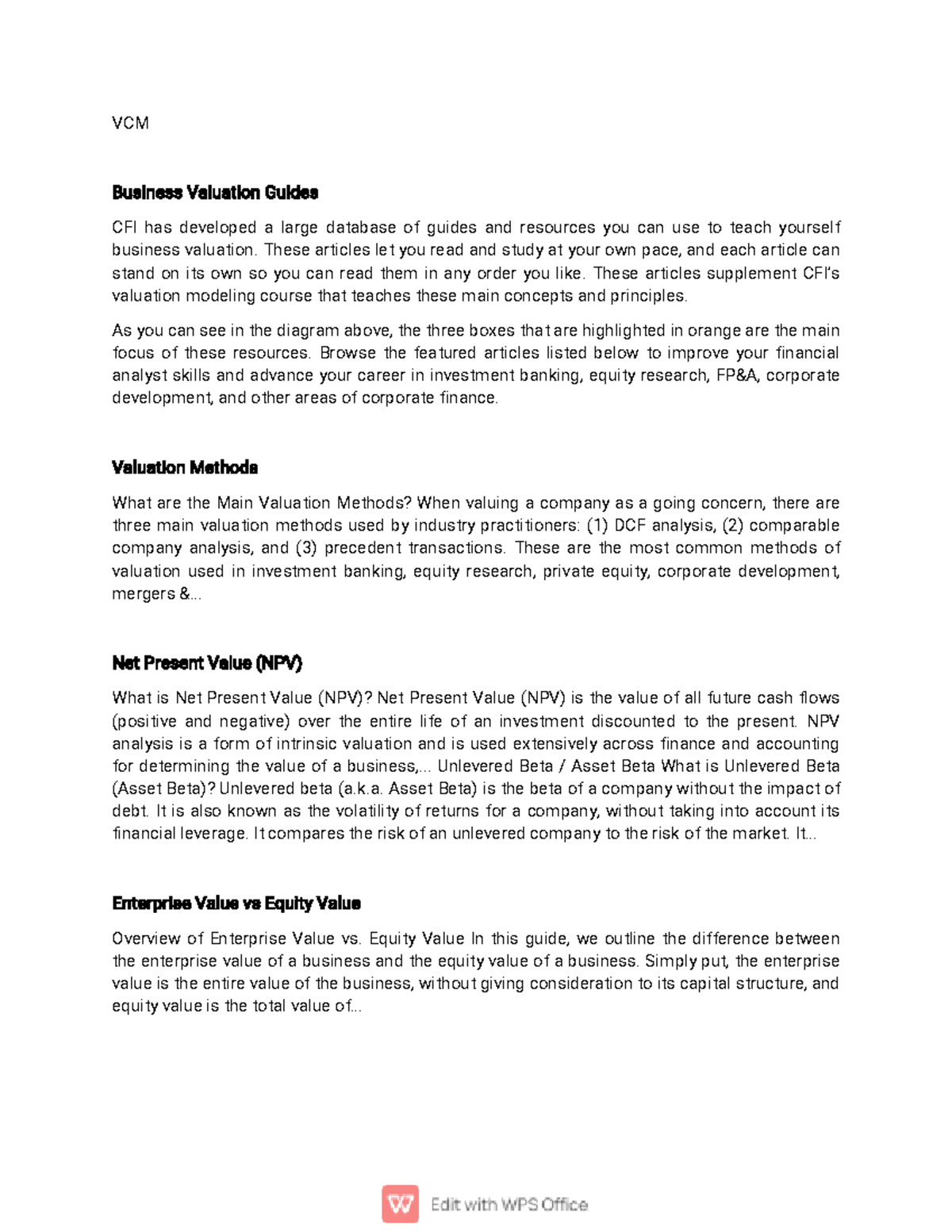 VCM Lecture - VCM Business Valuation Guides CFI has developed a large ...