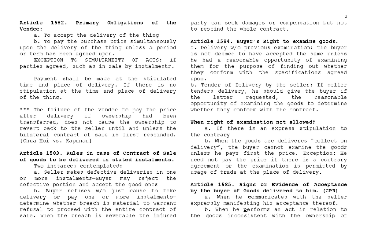 Article 1582 - Sales Notes - Article 1582. Primary Obligations of the ...