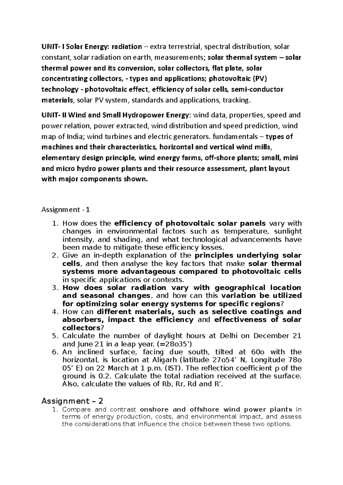 RER Mid Term - Previous year paper along with syllabus - UNIT- I Solar ...