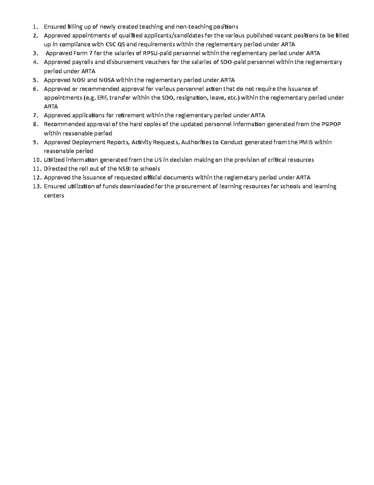 Opcrf Activities - plans and programs - Ensured filling up of newly ...