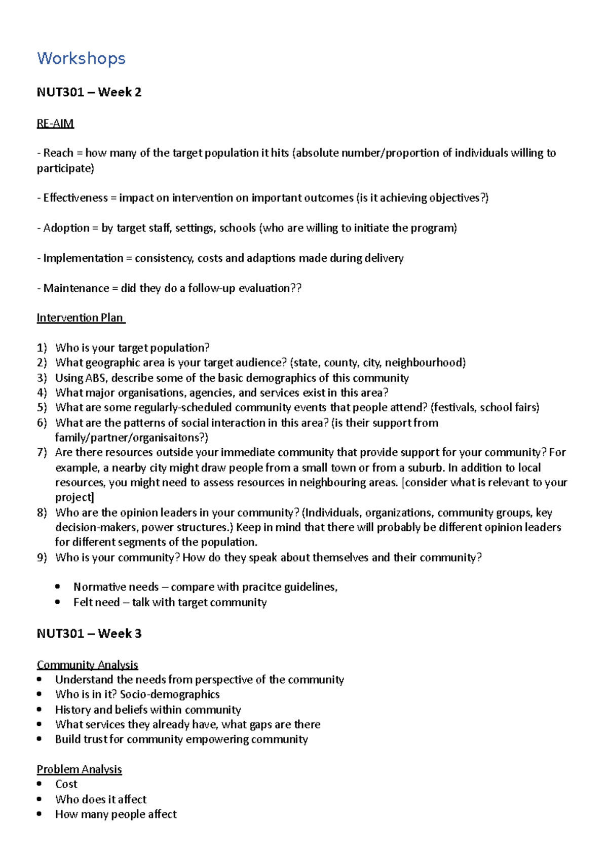 NUT301 – Workshops - Lecture notes 1-13 - Workshops NUT301 Week 2 Reach ...