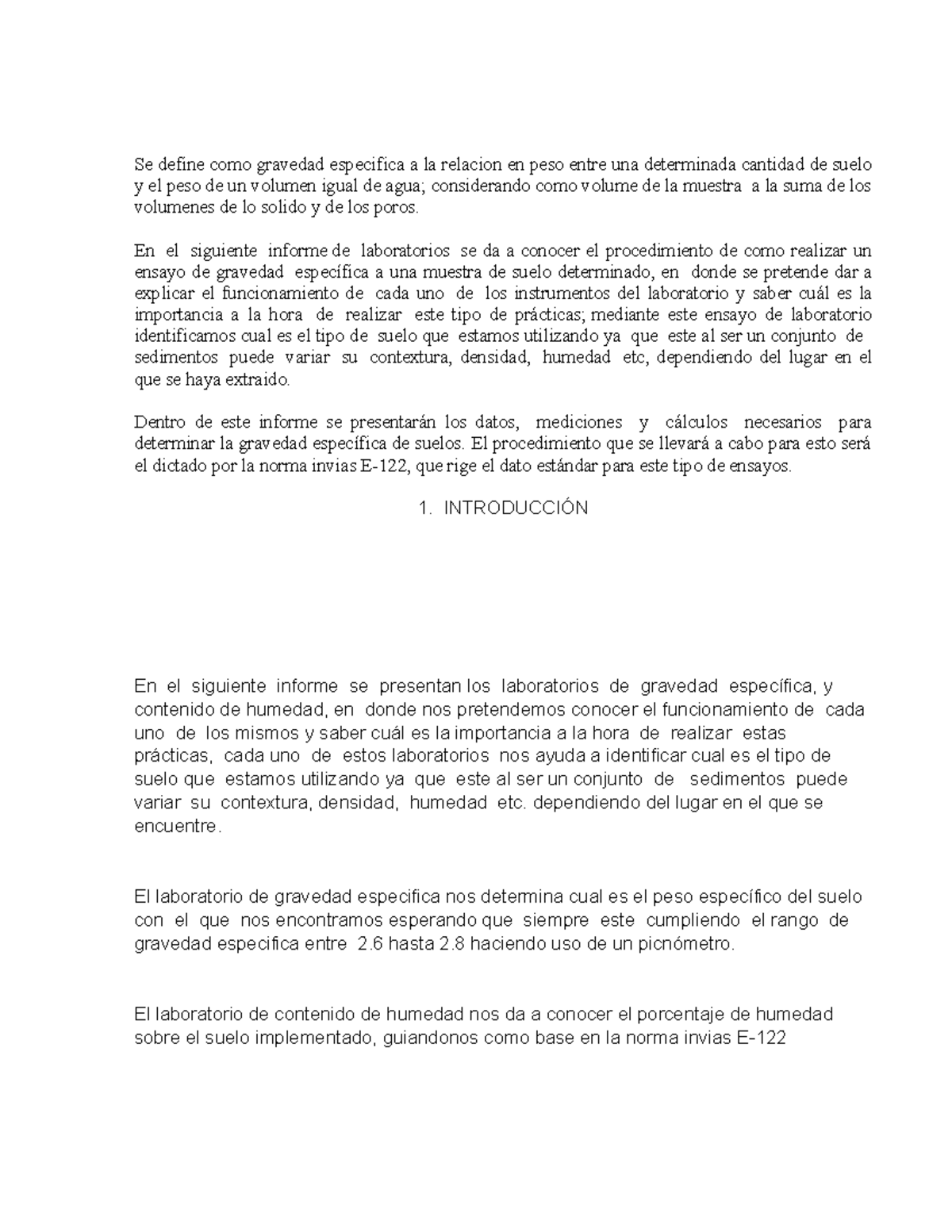 Gravedad especifica - INFORME DESCRIPTIVO - Se define como gravedad ...