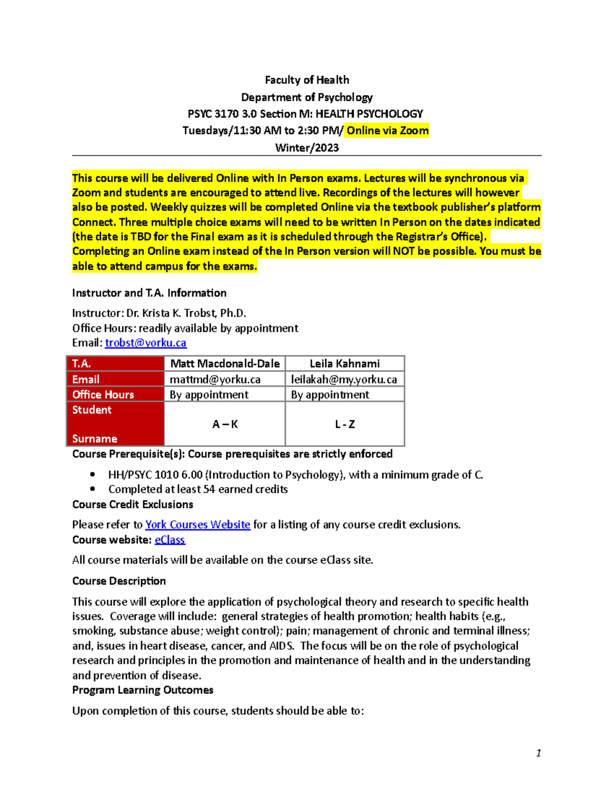 Syllabus 2022-2023 winter - Faculty of Health Department of Psychology ...