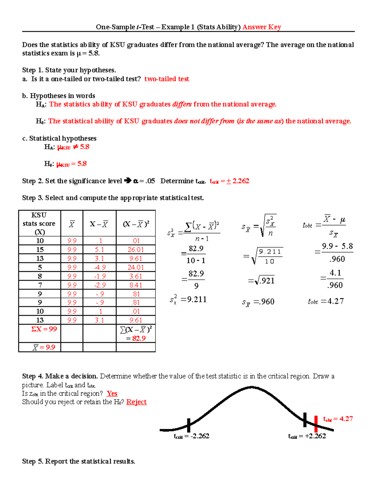 One-Sample t test Worksheet 1 - Answer KEY - One-Sample t-Test ...