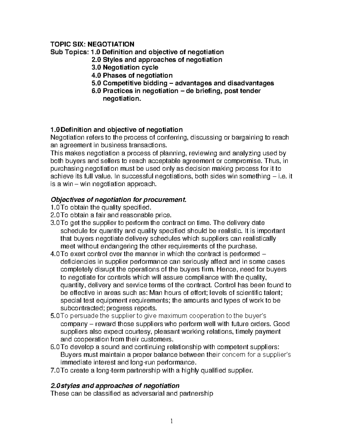 Chapter 6 Negotiation in procurement - TOPIC SIX: NEGOTIATION Sub Topics: 1 Definition and ...