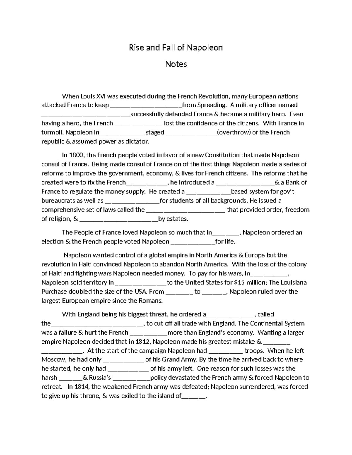 Rise and Fall of Napoleon - Rise and Fall of Napoleon Notes When Louis ...