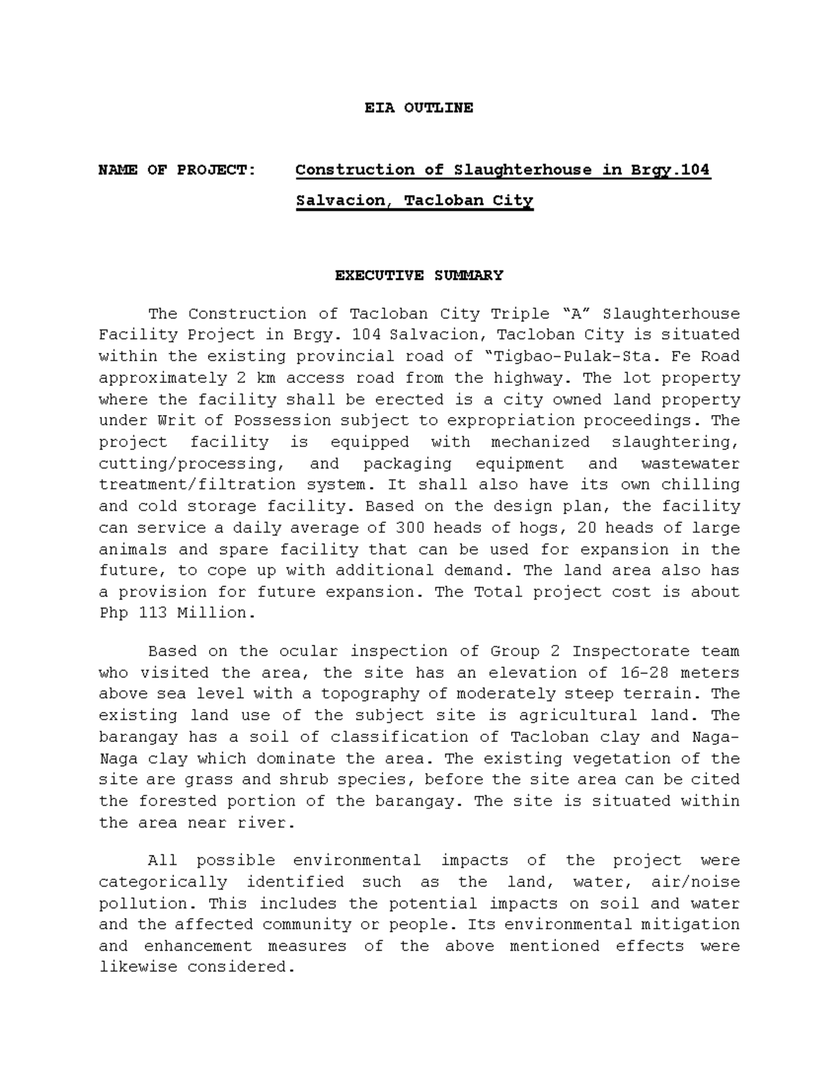 EIA Final (environmental impact assesment) - EIA OUTLINE NAME OF ...