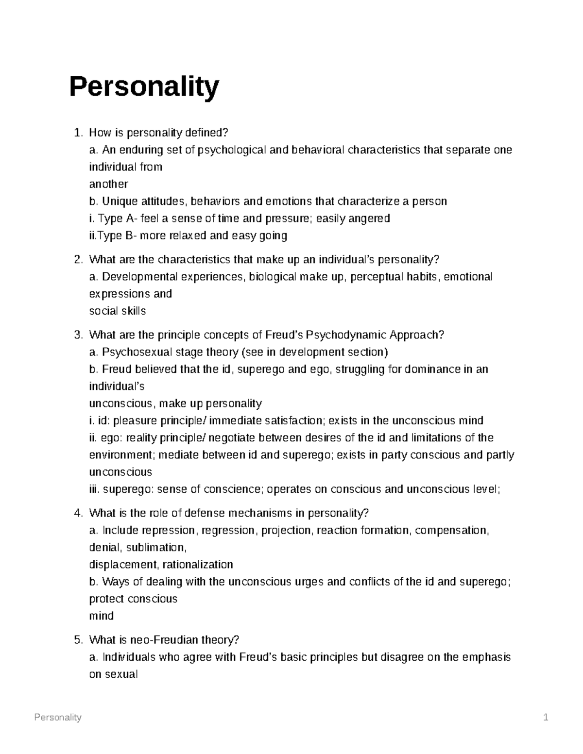 Personality - In class notes - Personality How is personality defined ...
