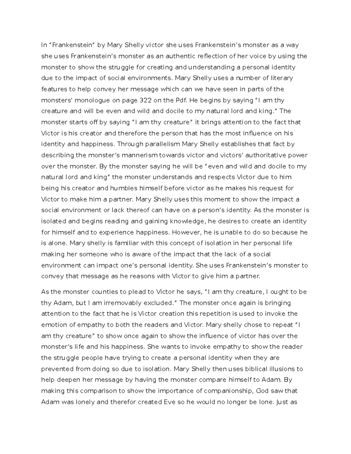 Frakenstein paragraph - In “Frankenstein” by Mary Shelly victor she ...