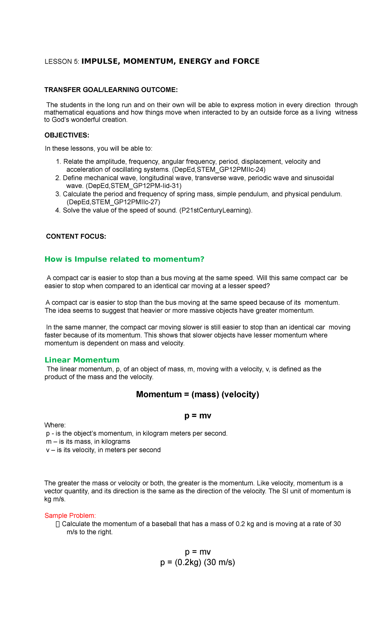 Physics Lecture notes - ####### LESSON 5: IMPULSE, MOMENTUM, ENERGY and ...