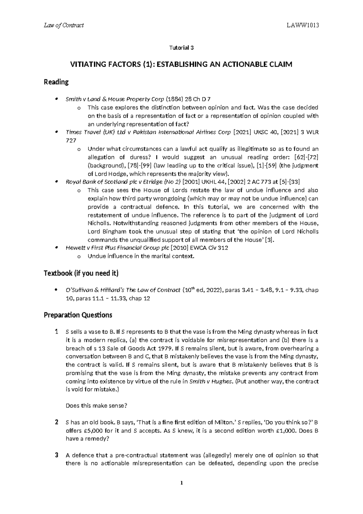 Tutorial 3 - Law of Contract LAWW Tutorial 3 VITIATING FACTORS (1 ...