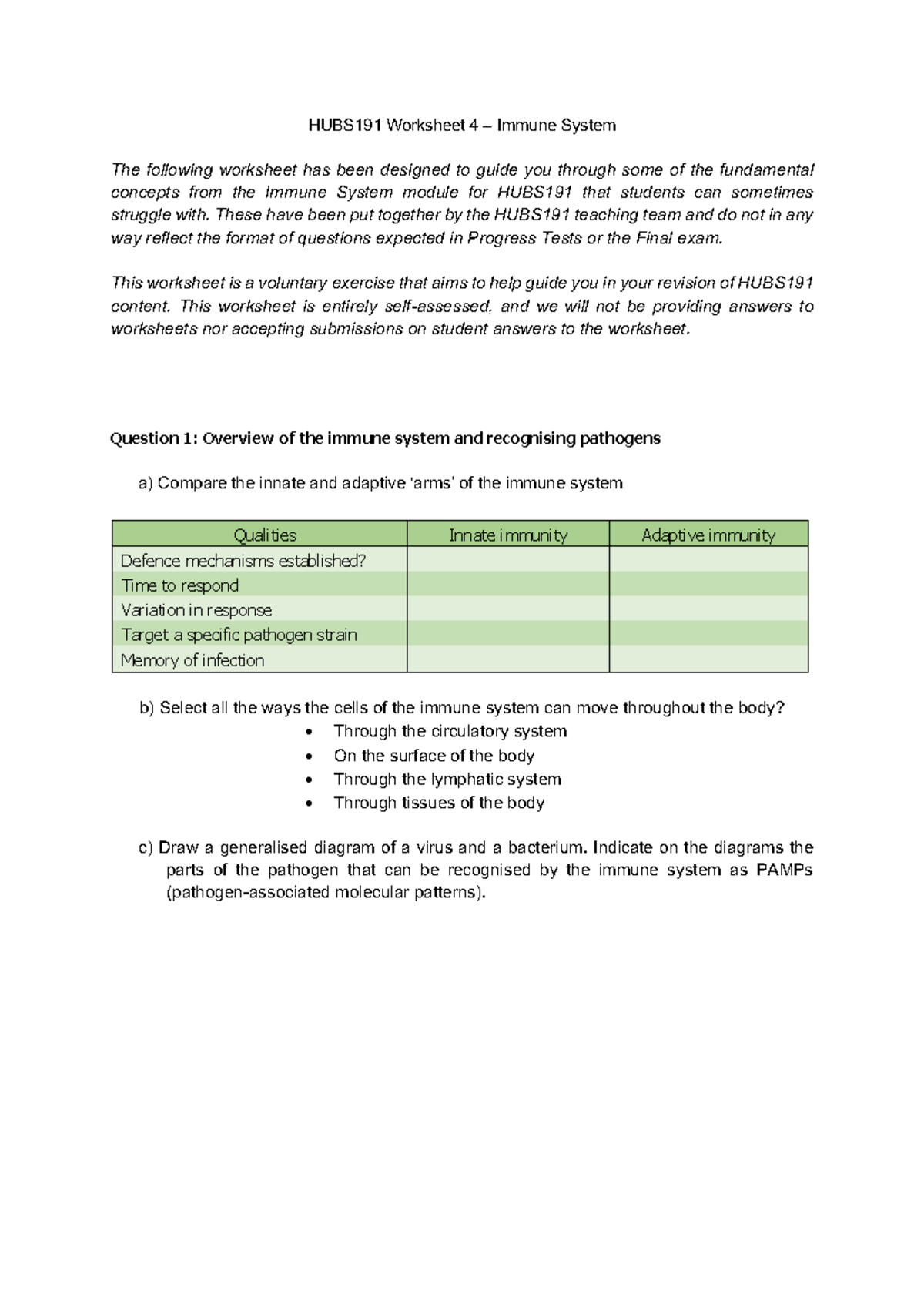 HUBS191 Worksheet Immune System - HUBS191 Worksheet 4 – Immune System ...