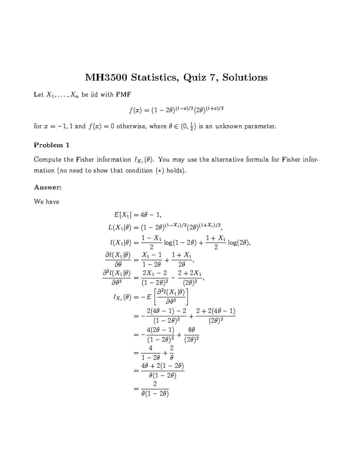 Quiz17 Solutions - statistic assignment - MH3500 Statistics, Quiz 7, Solutions Let X 1 ,... , Xn ...