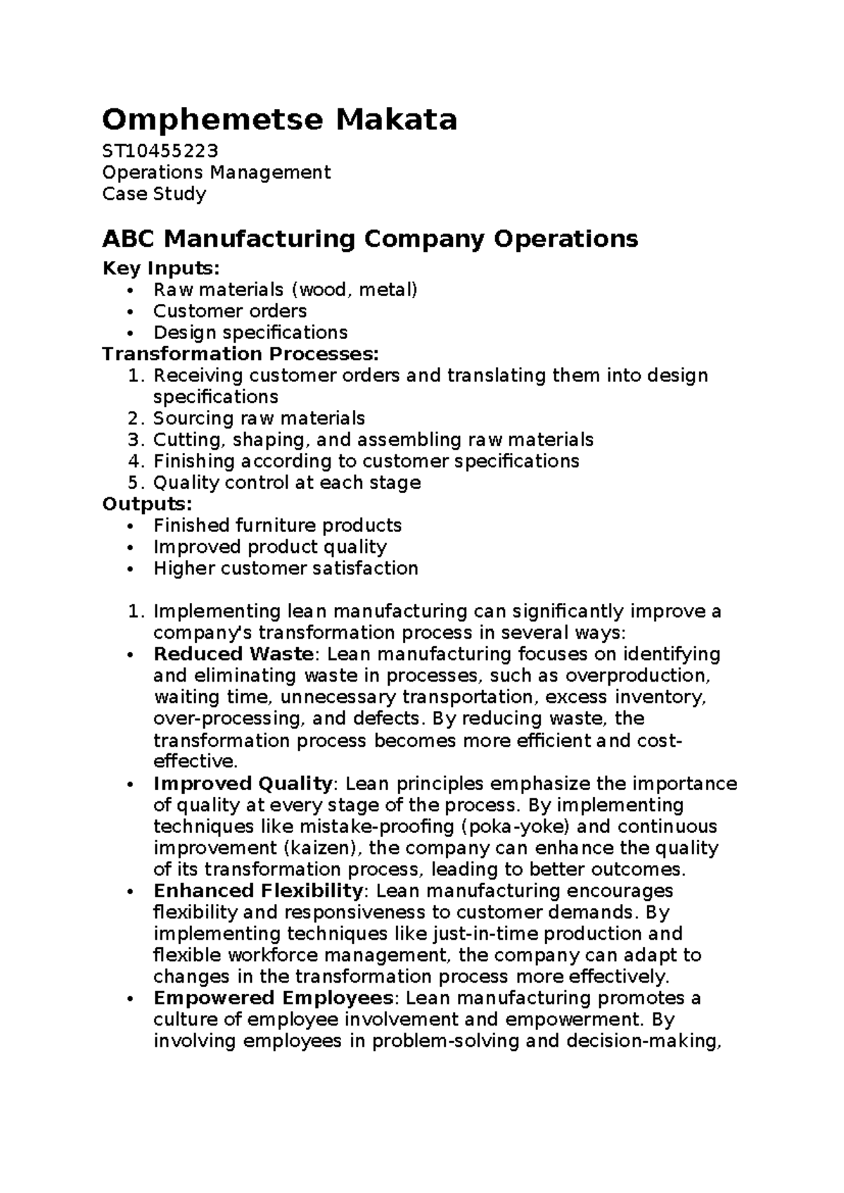 Case study - Omphemetse Makata ST Operations Management Case Study ABC Manufacturing Company ...