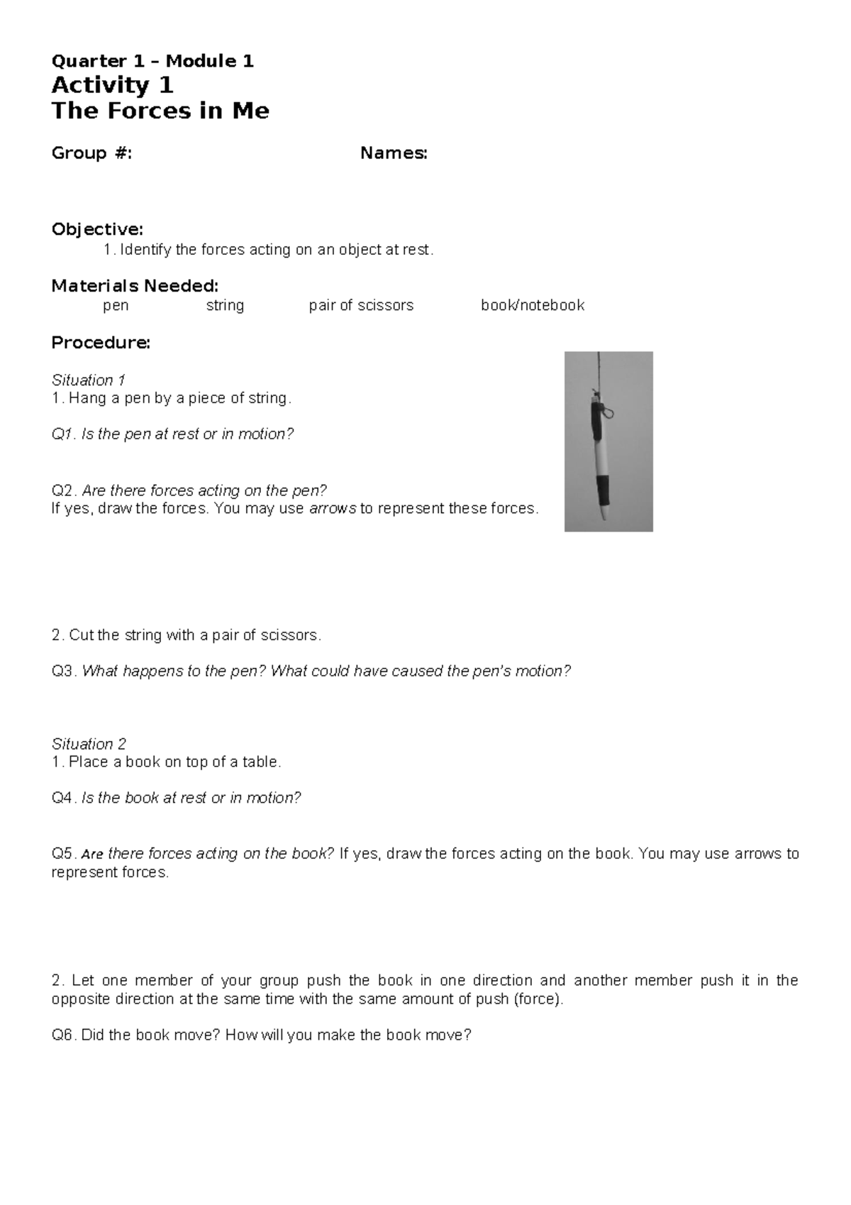 M1 activity 1 - Quarter 1 – Module 1 Activity 1 The Forces in Me Group ...