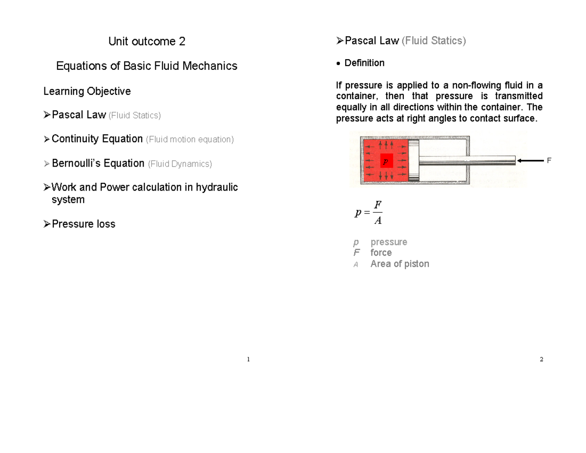 Unit outcome 2 Equations of Basic fluid mechanics W2020 - Unit outcome ...