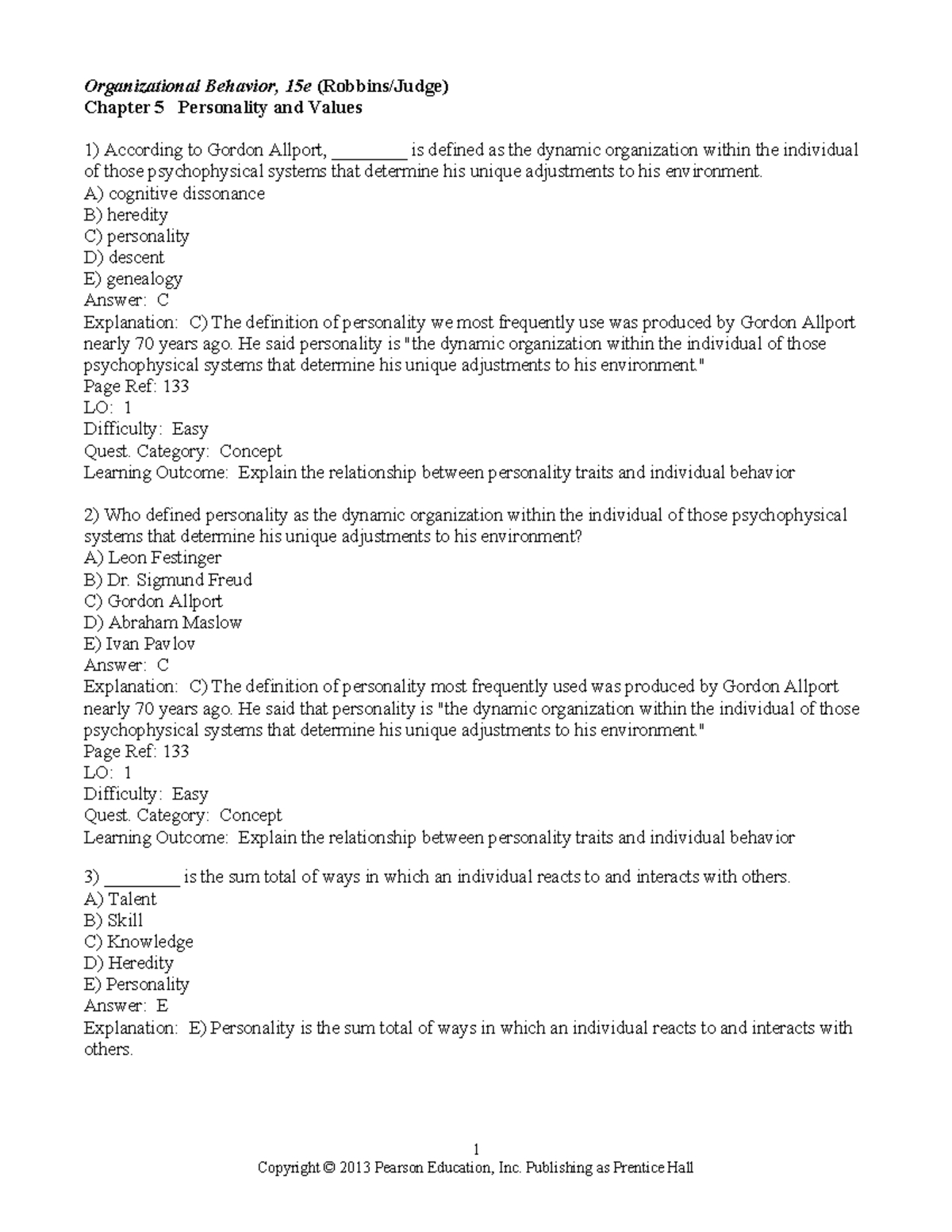 Chapter 5 - Organizational Behavior, 15e (Robbins/Judge) Chapter 5 Personality and Values 1 ...