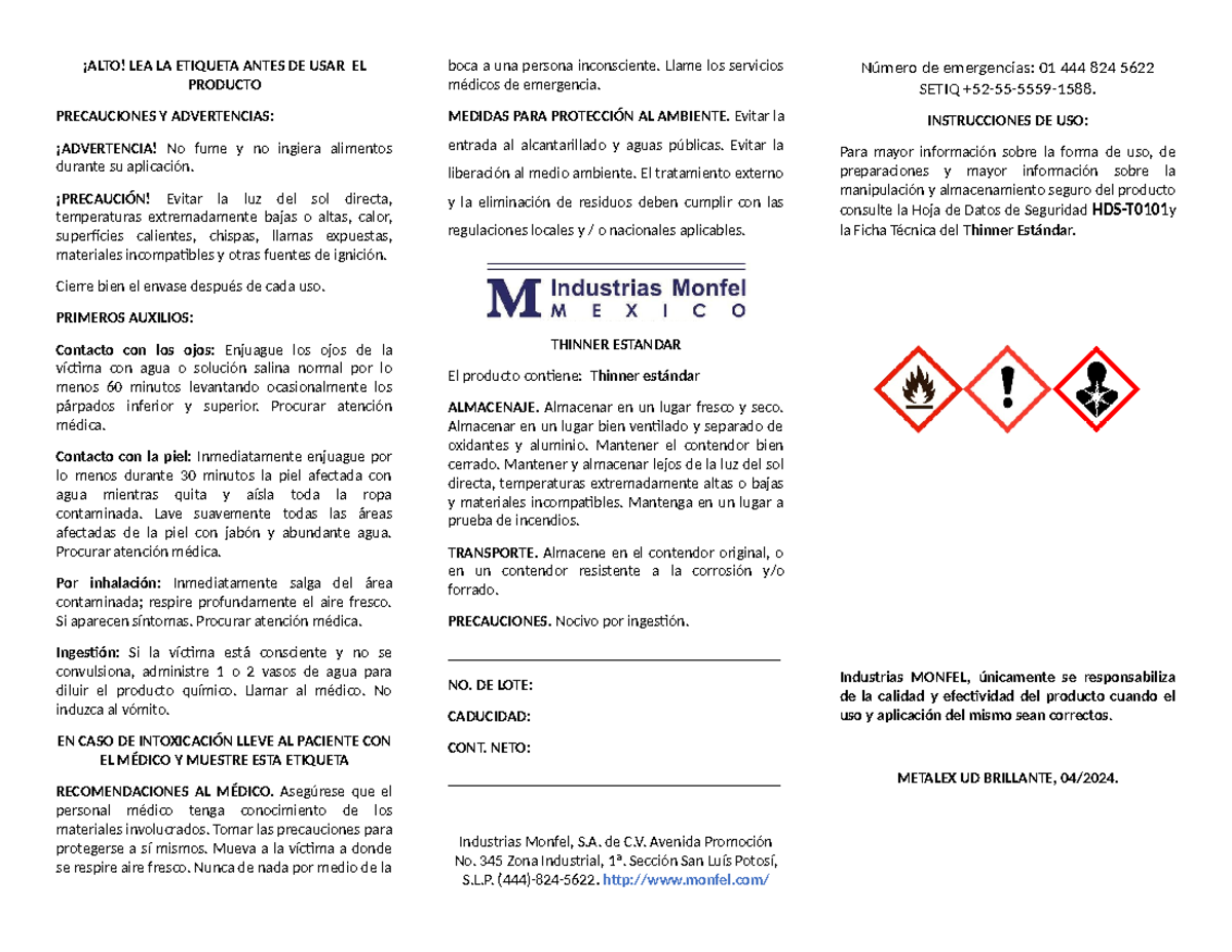 Etiqueta Thinner - HDS de componente quimico - ¡ALTO! LEA LA ETIQUETA ...