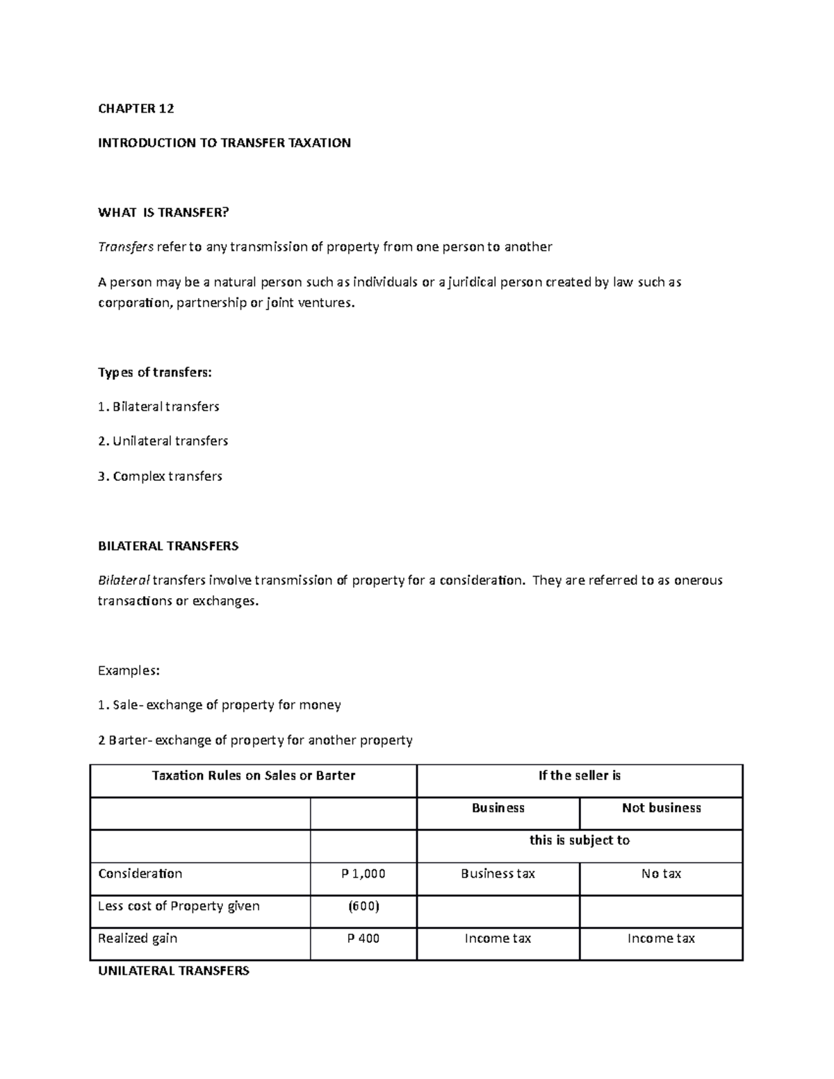 TAX Ch 12 - Lecture notes 1 - CHAPTER 12 INTRODUCTION TO TRANSFER ...
