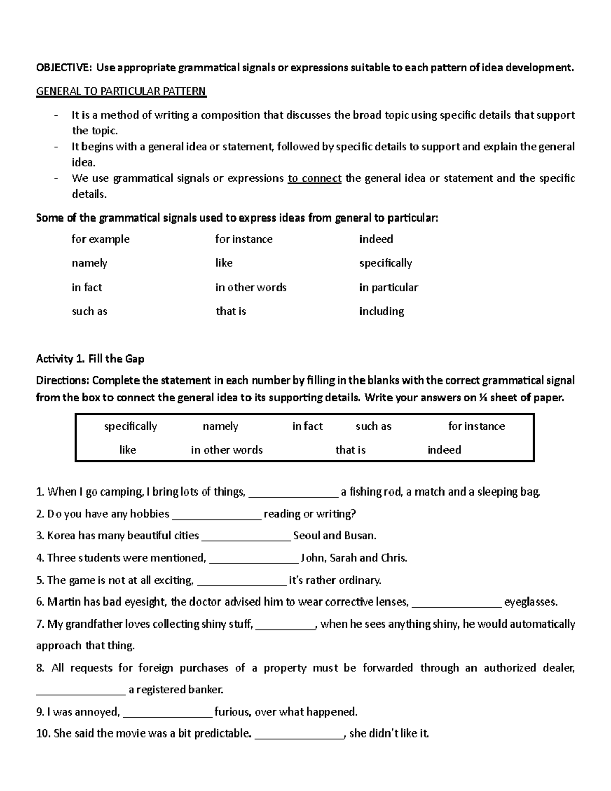 General to specific 1 - English notes - OBJECTIVE: Use appropriate ...