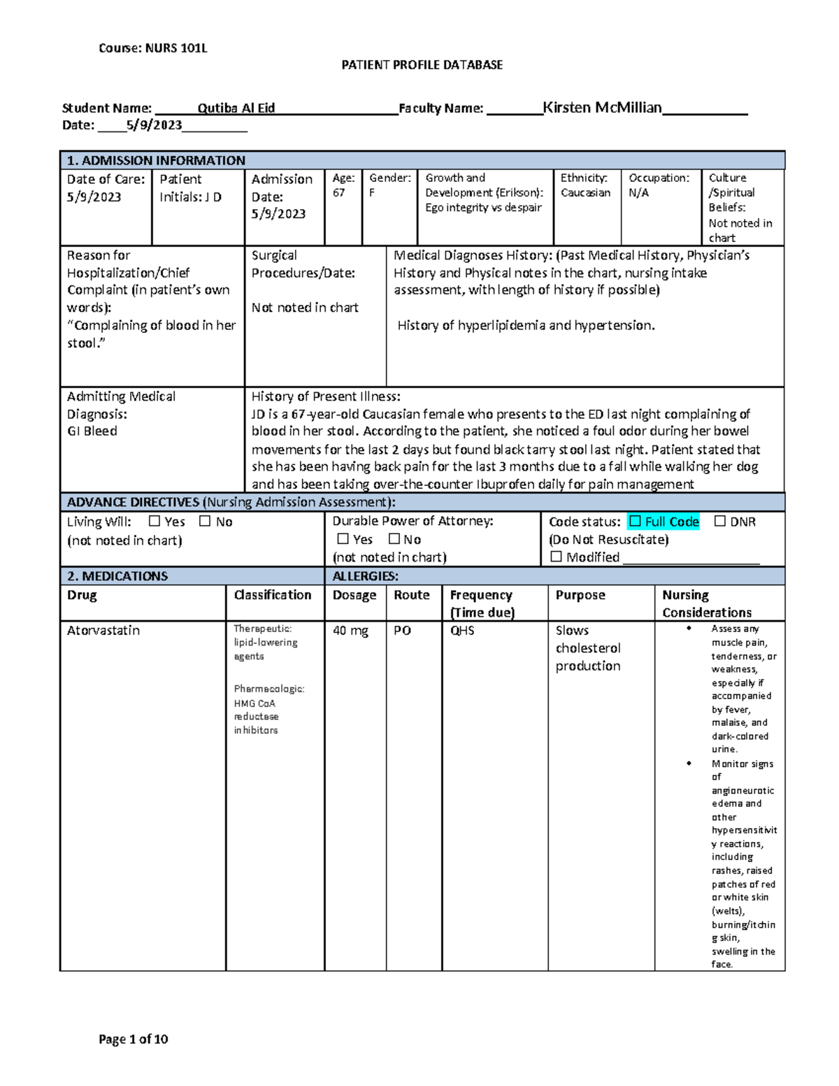 PPD 1 - Npw - PATIENT PROFILE DATABASE Student Name: Qutiba Al Eid ...