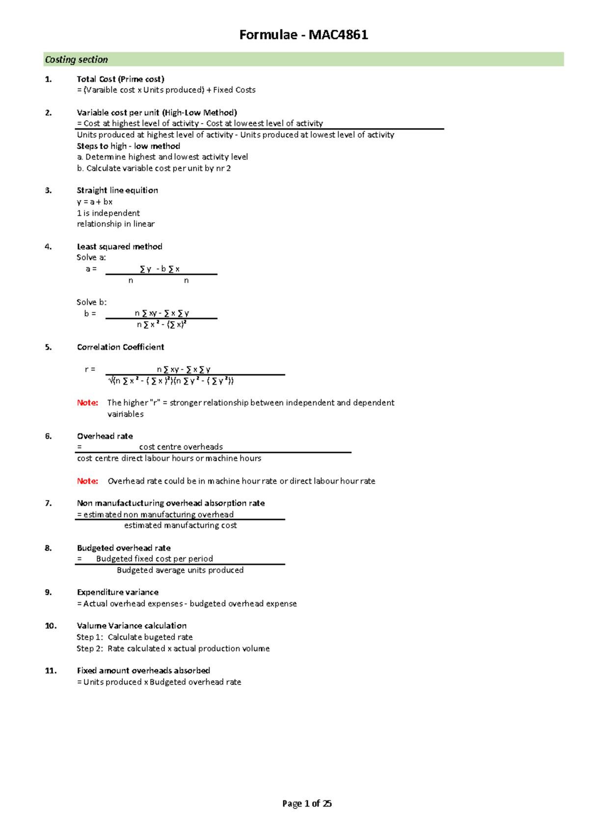 Summary of Formulas for MAC3701 - Total Cost (Prime cost) = (Varaible cost x Units produced ...