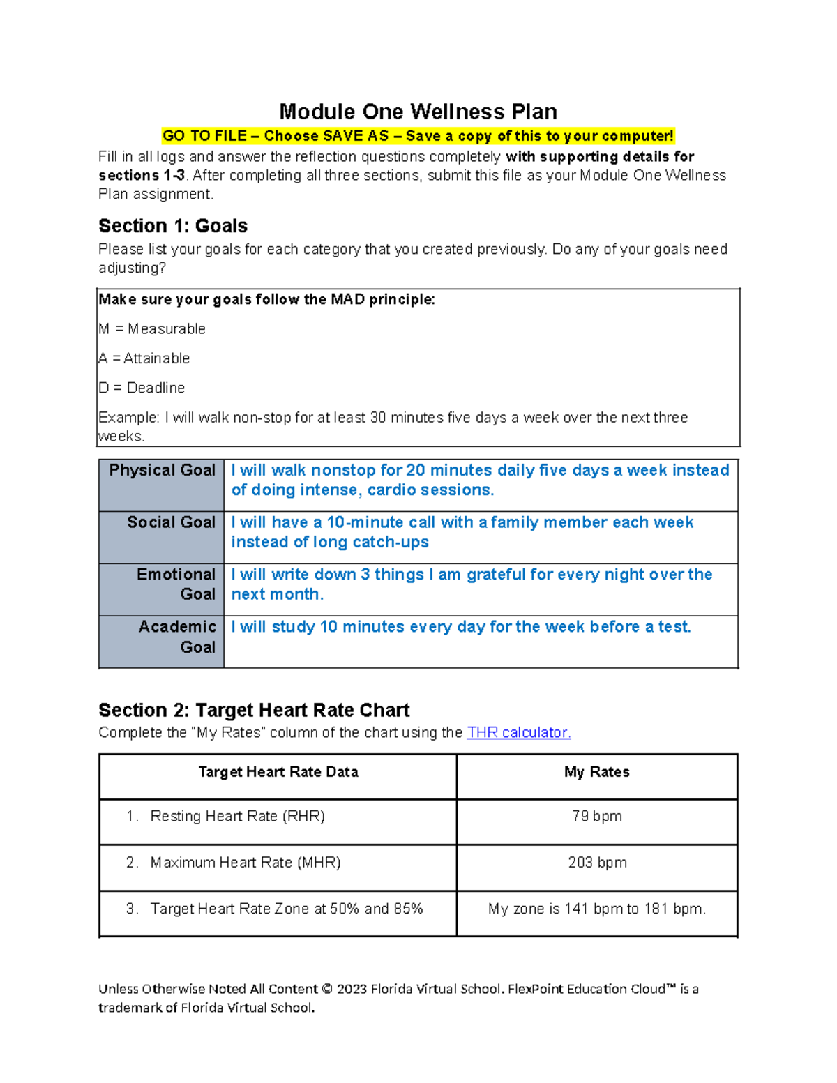 Module one wellness plan - Module One Wellness Plan GO TO FILE – Choose SAVE AS – Save a copy of ...