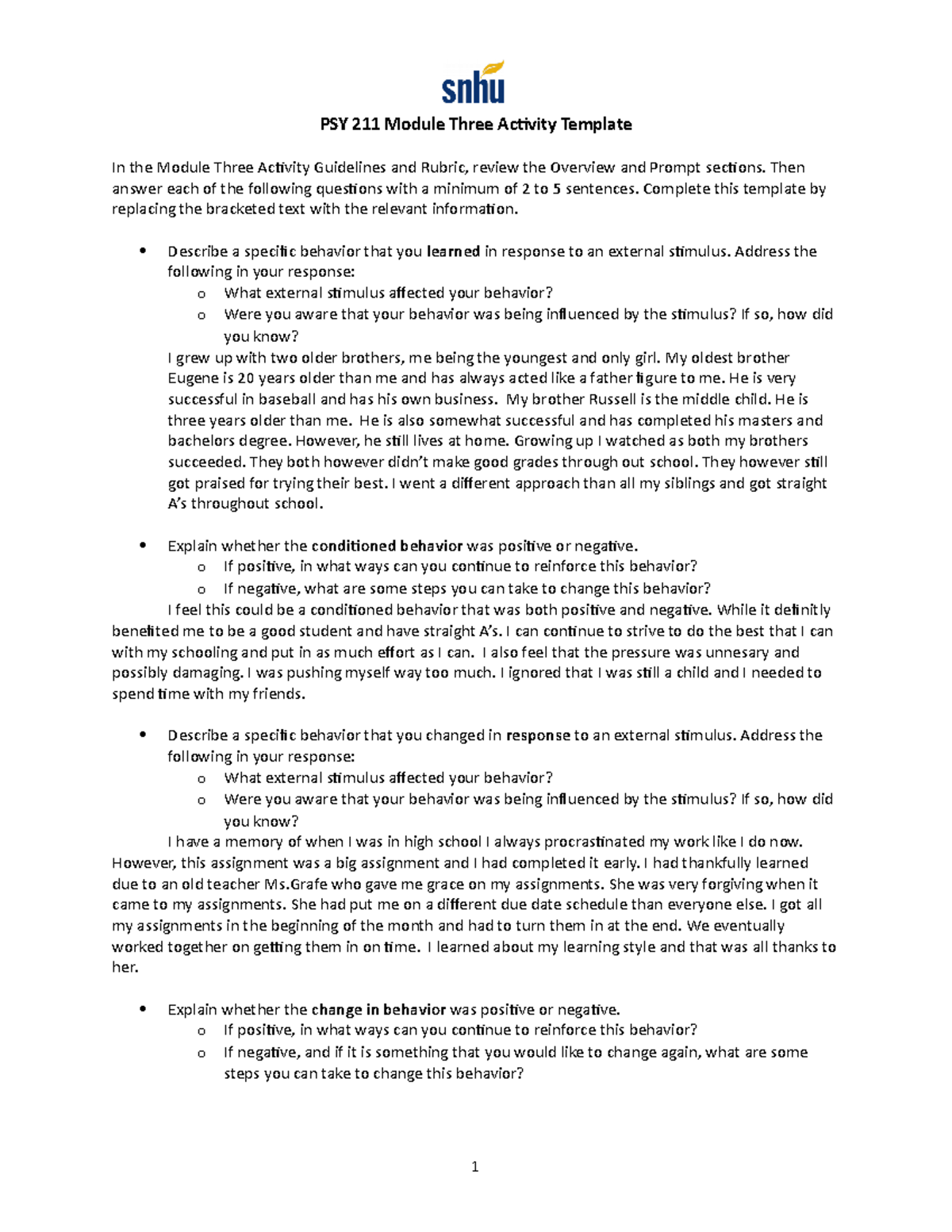 PSY 211 Module Three Activity Template - Then answer each of the ...