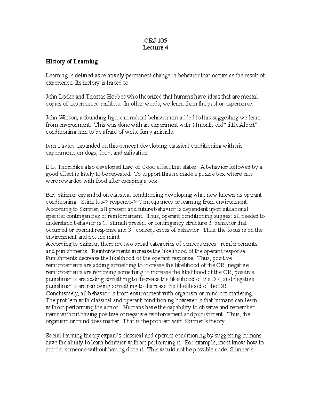 Criminology textbook: Chapter 7 - CRJ 105 Lecture 4 History of Learning ...