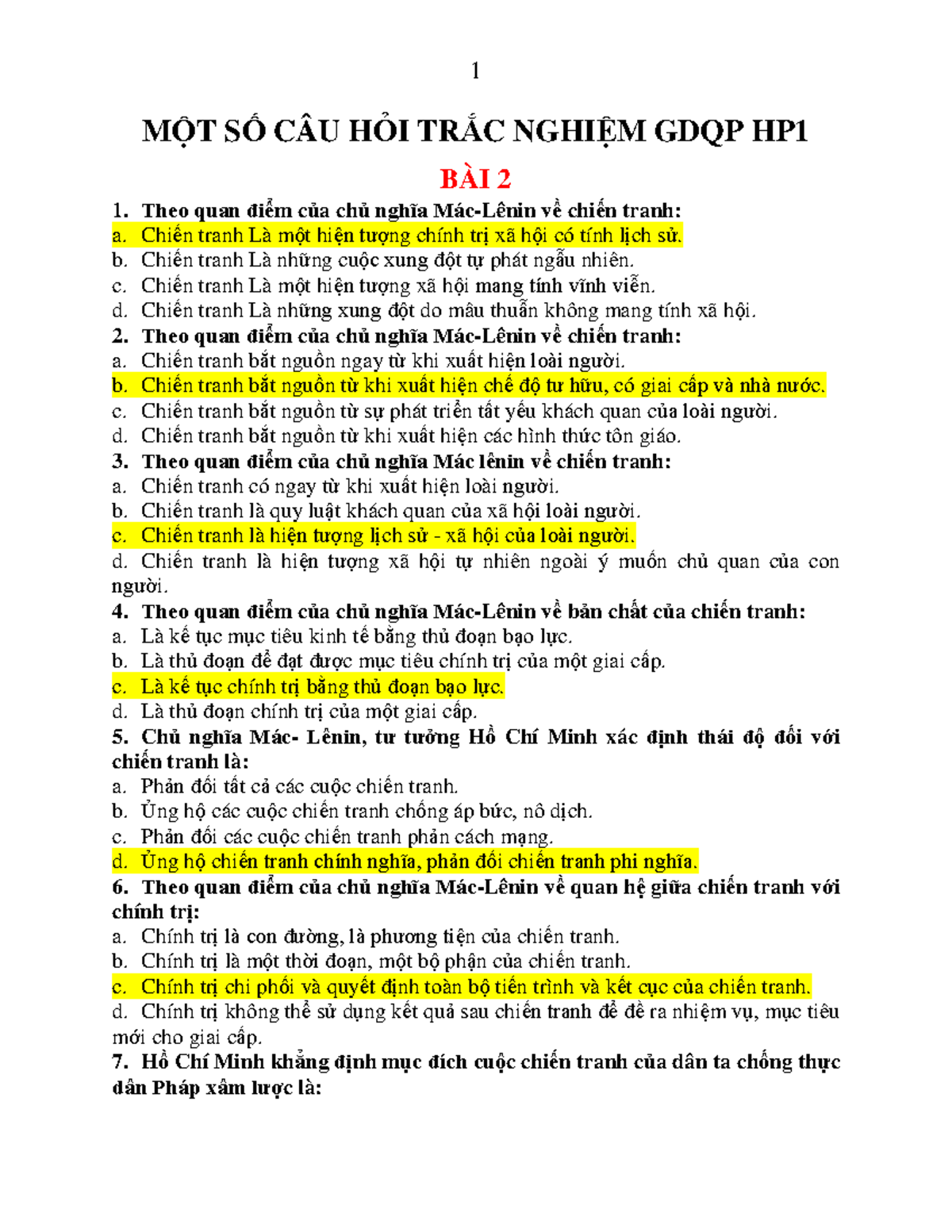 MỘT-SỐ-CÂU-HỎI-TRẮC-NGHIỆM-GDQP-HP1 - MỘT SỐ CÂU HỎI TRẮC NGHIỆM GDQP HP BÀI 2 Theo quan điểm ...