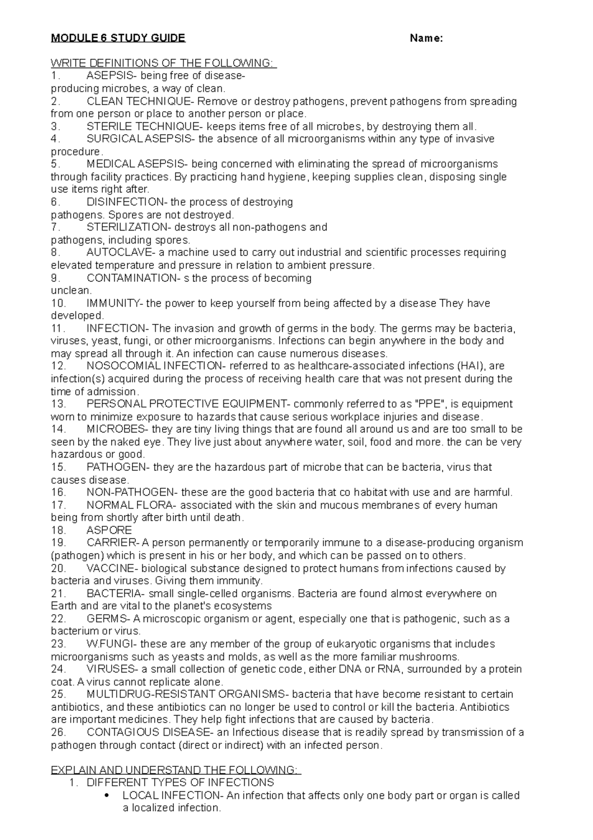 Module 6 Study Guide - MODULE 6 STUDY GUIDE Name: WRITE DEFINITIONS OF ...
