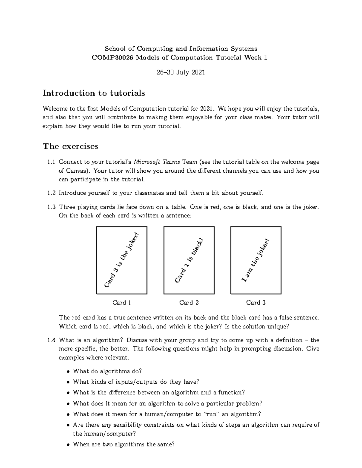 Week 1 Tutorial - School of Computing and Information Systems COMP30026 Models of Computation ...