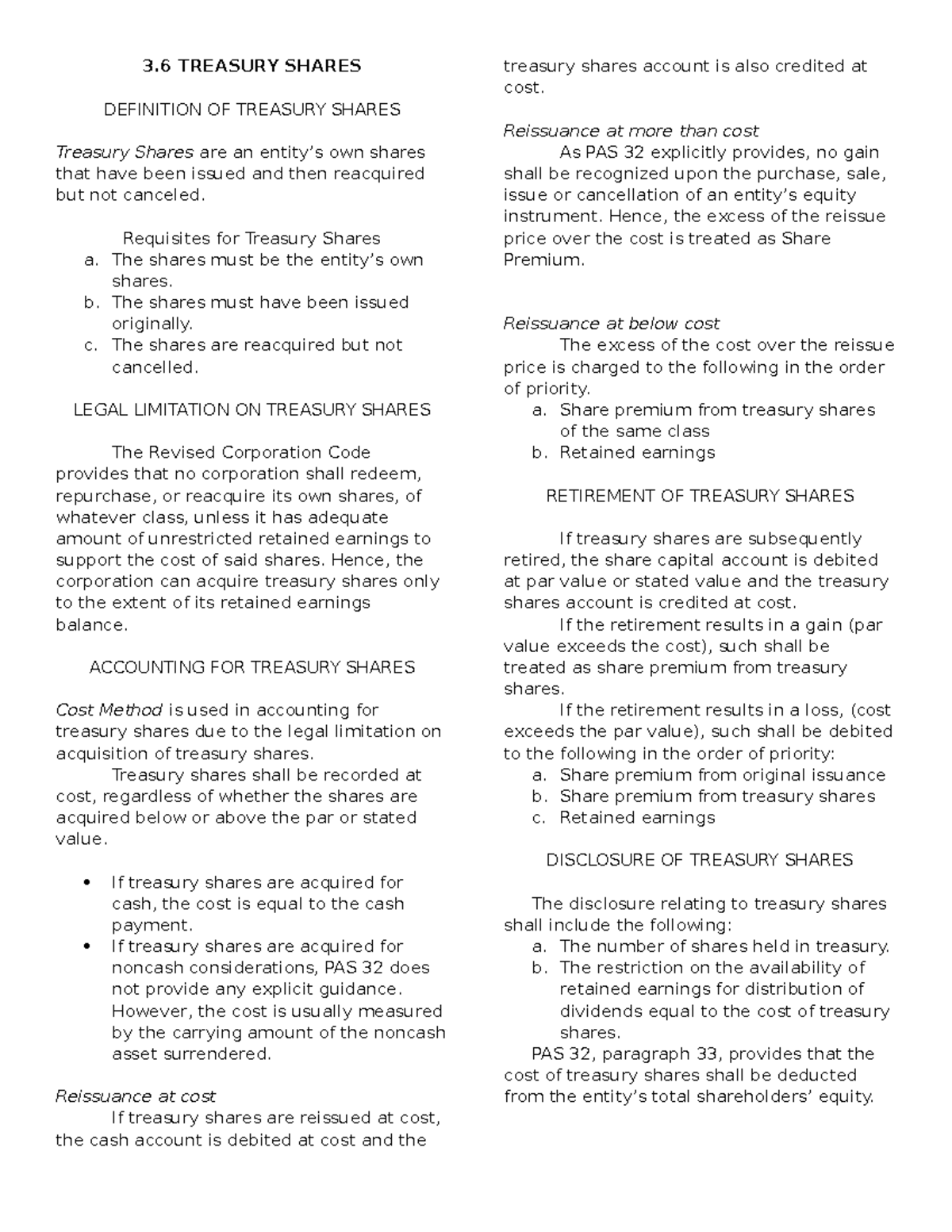 3.6 Treasury Shares (Summary) - 3 TREASURY SHARES DEFINITION OF ...