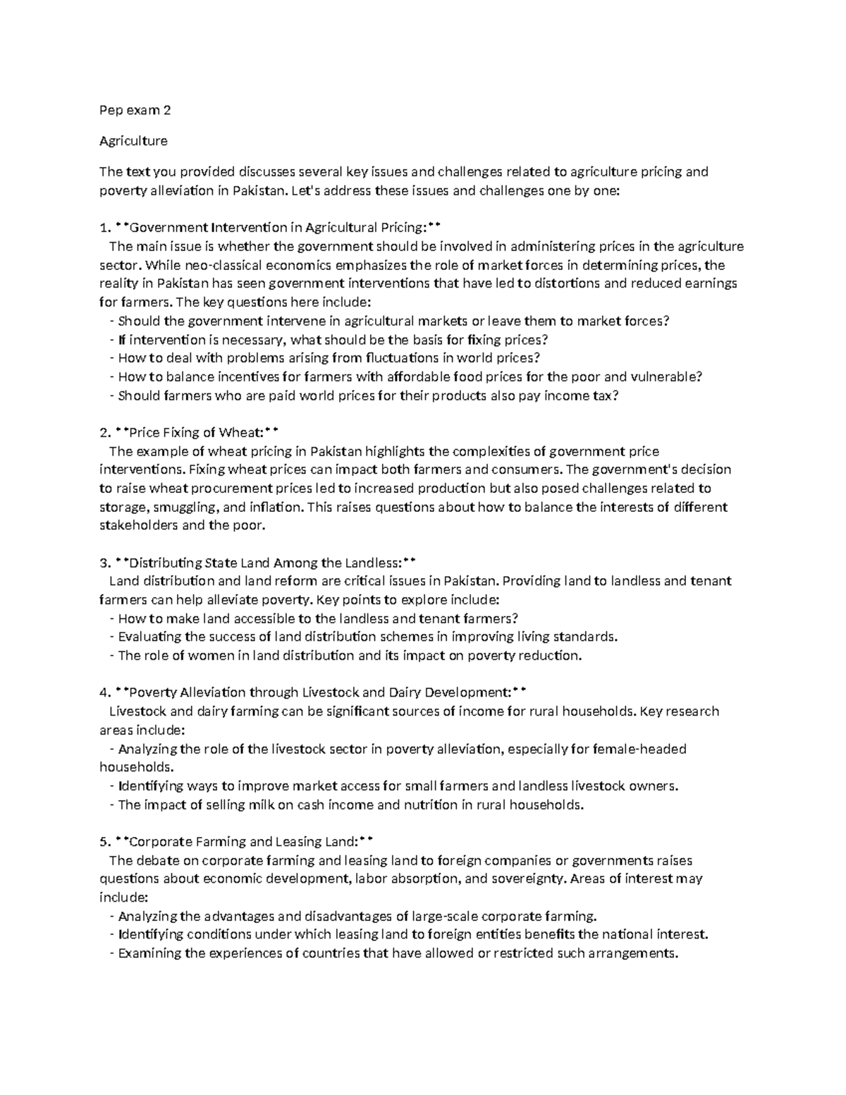 Pep exam 3 - uuu - Pep exam 2 Agriculture The text you provided ...