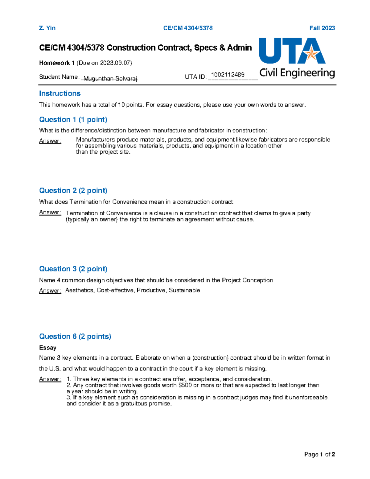 Homework solution 1 - Z. Yin CE/CM 4304/5378 Fall 2023 Page 1 of 2 CE ...