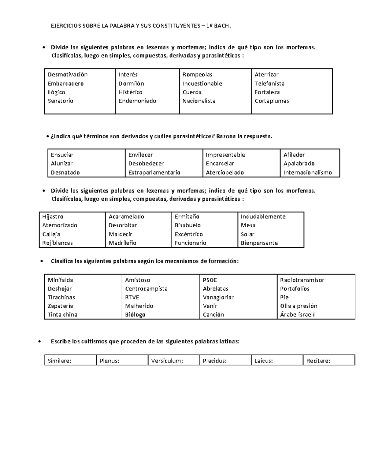 Divide las siguientes palabras en lexemas y morfemas - EJERCICIOS SOBRE ...