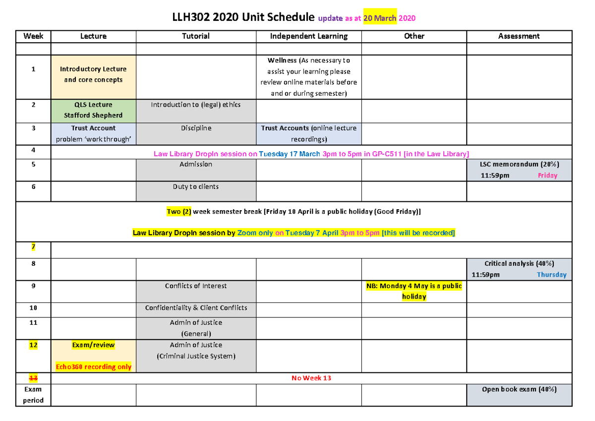 LLH302 2020 Unit Schedule as at 20 - LLH302 2020 Unit Schedule update ...