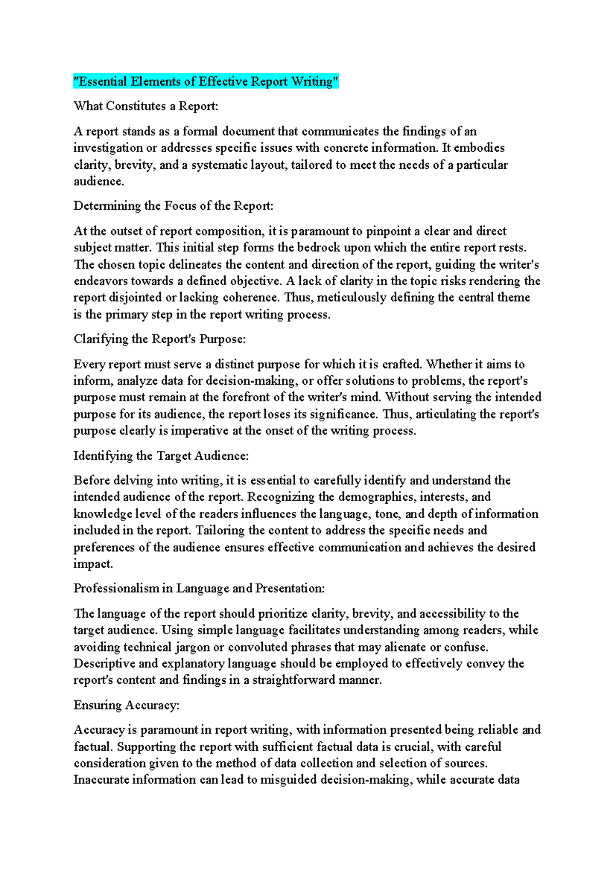 Essential Elements of Effective Report Writing - "Essential Elements of ...