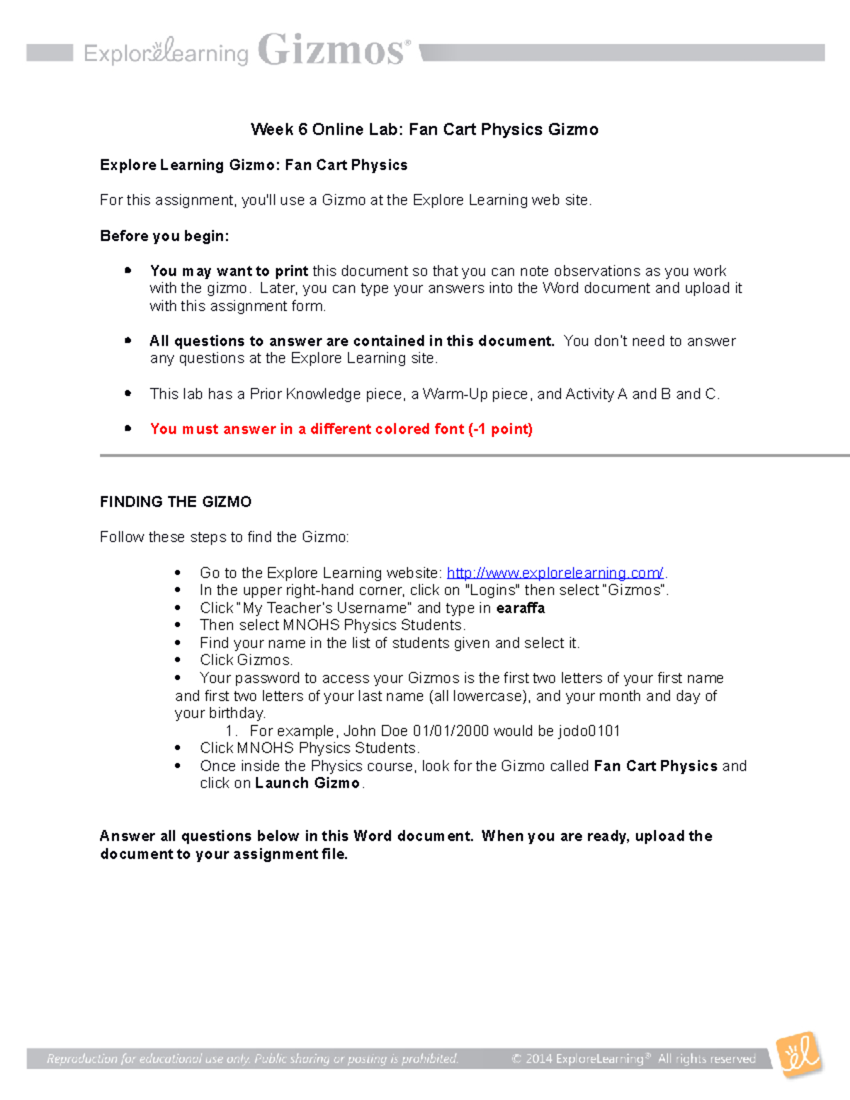 Week 6 Online Lab Fan Cart Physics Gizmo - Before you begin: You may ...