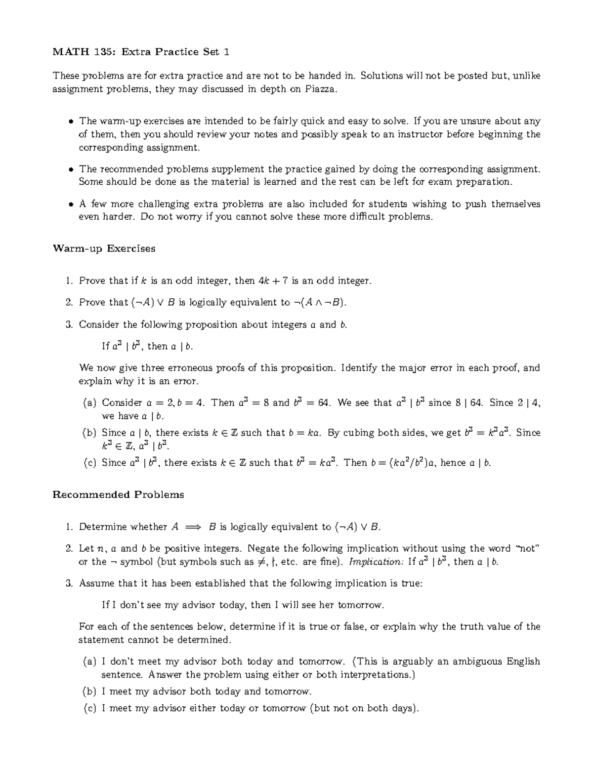 MATH135 - Extra Practice 01 from 2021 - MATH 135: Extra Practice Set 1 ...