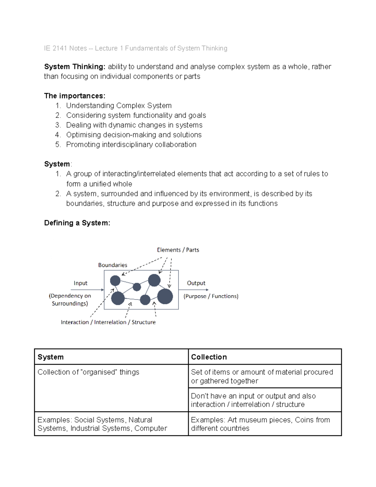 IE 2141 Notes - Lecture 1 Fundamentals of System Thinking - IE 2141 ...
