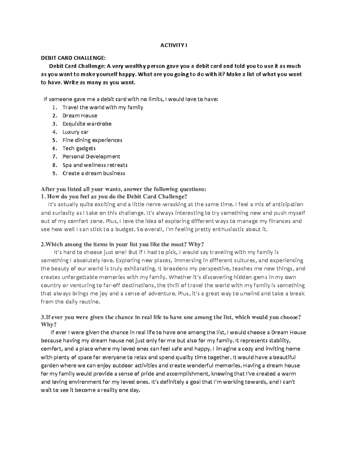 Material Self Activity I - ACTIVITY I DEBIT CARD CHALLENGE: Debit Card ...