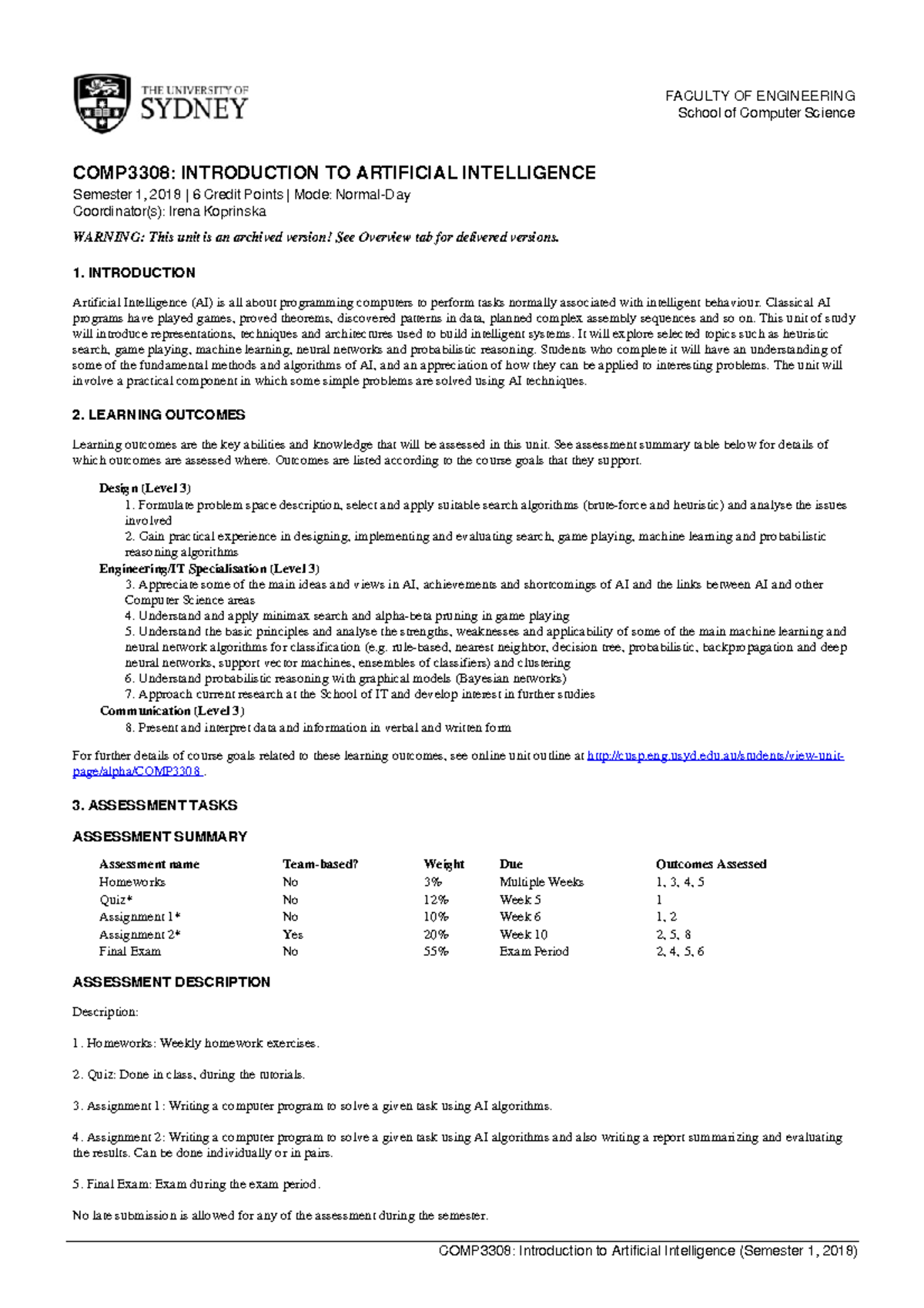 COMP3308 2018 Semester 1 student - FACULTY OF ENGINEERING School of Computer Science COMP3308 ...
