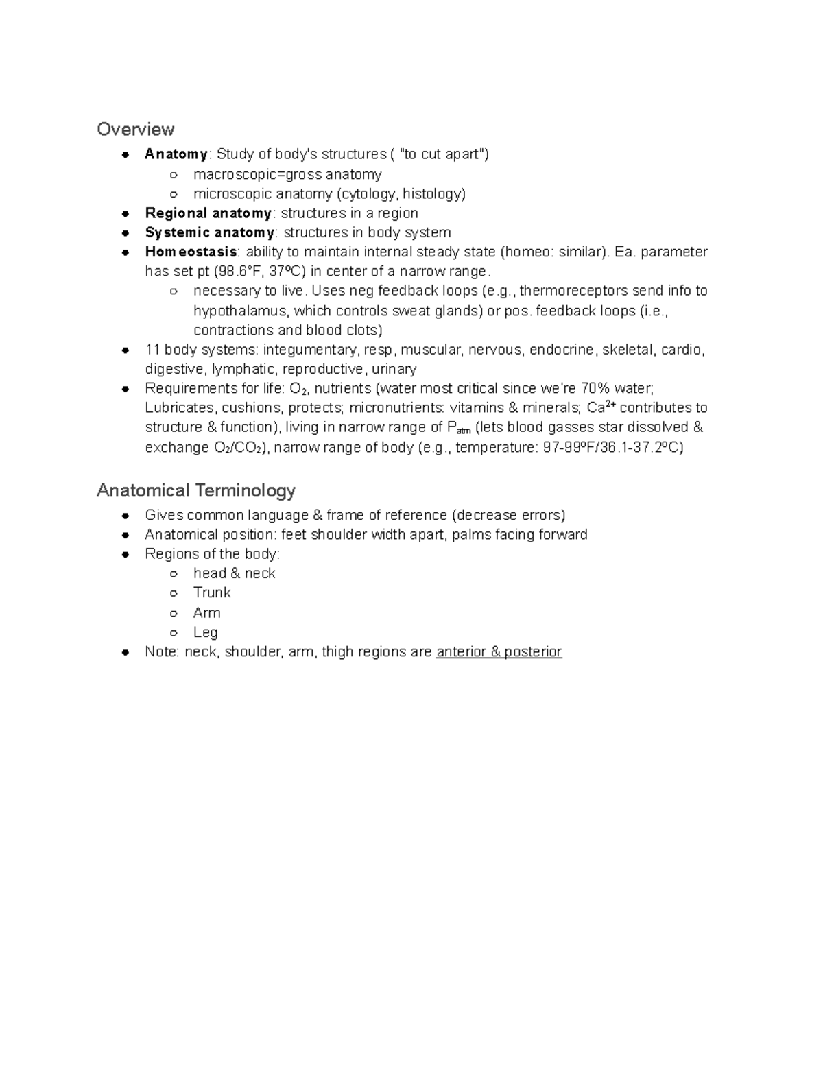 Module 1 Overview - Intro to physiology notes (typed) - Overview ...