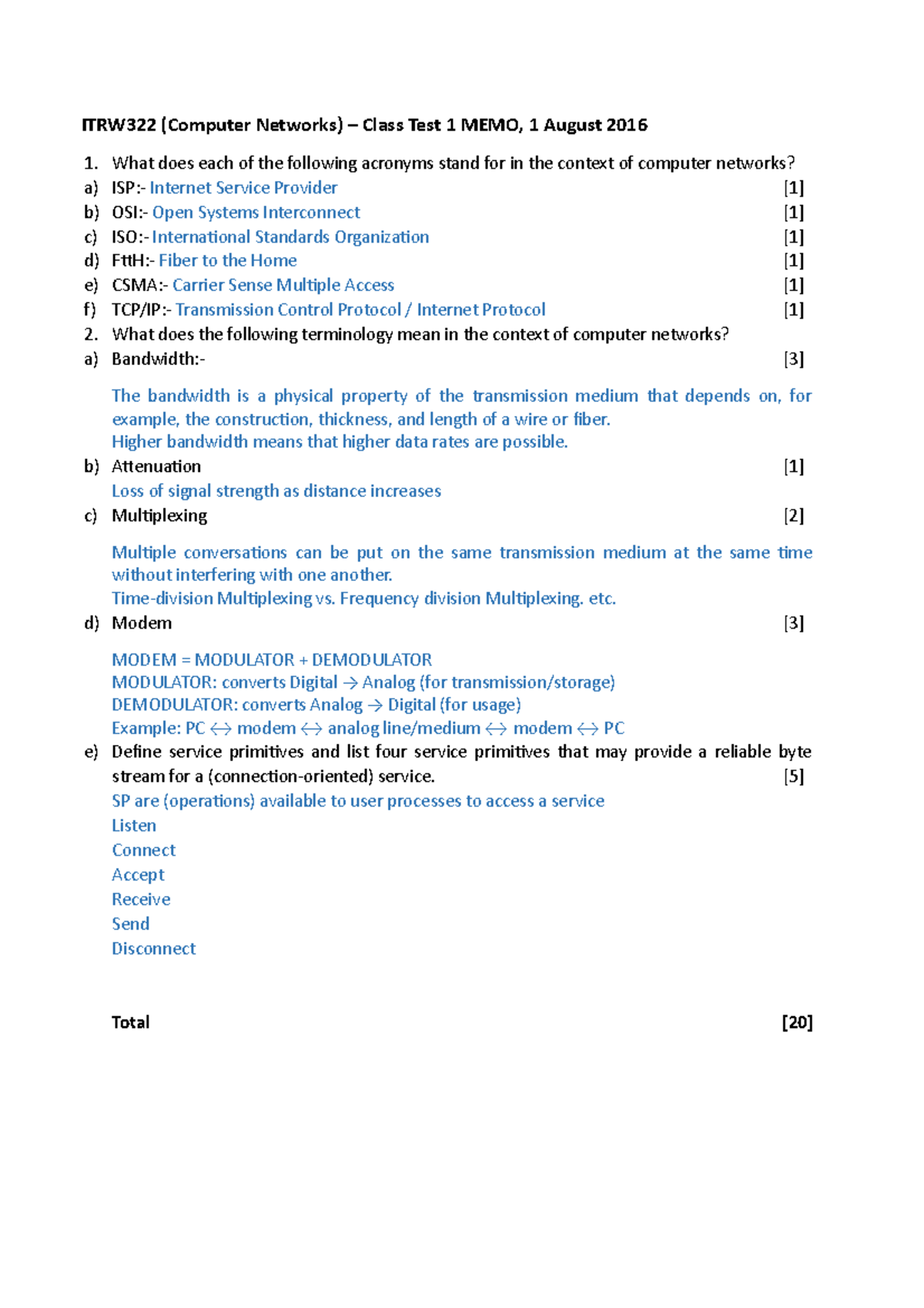 5 - N/A - ITRW322 (Computer Networks) – Class Test 1 MEMO, 1 August ...