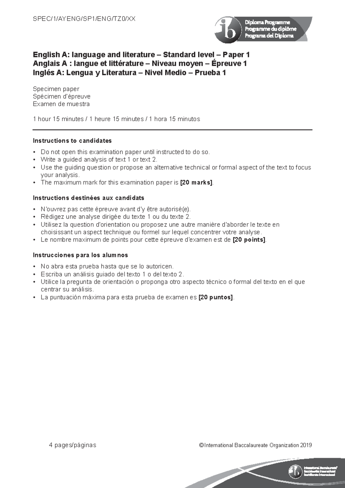 SL Paper 1 - 1 English A: language and literature – Standard level ...