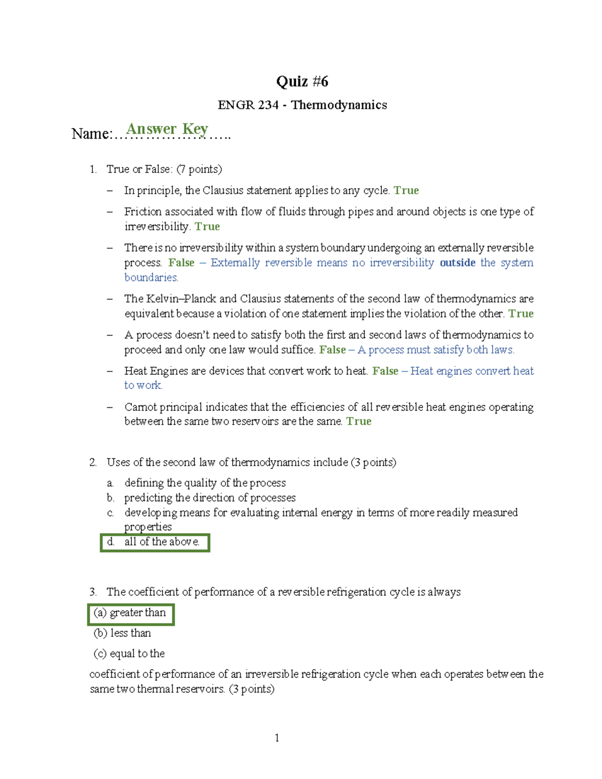 Sln-Quiz#6 - Fall Semester 2022 - 1 Quiz ENGR 234 - Thermodynamics Name ...