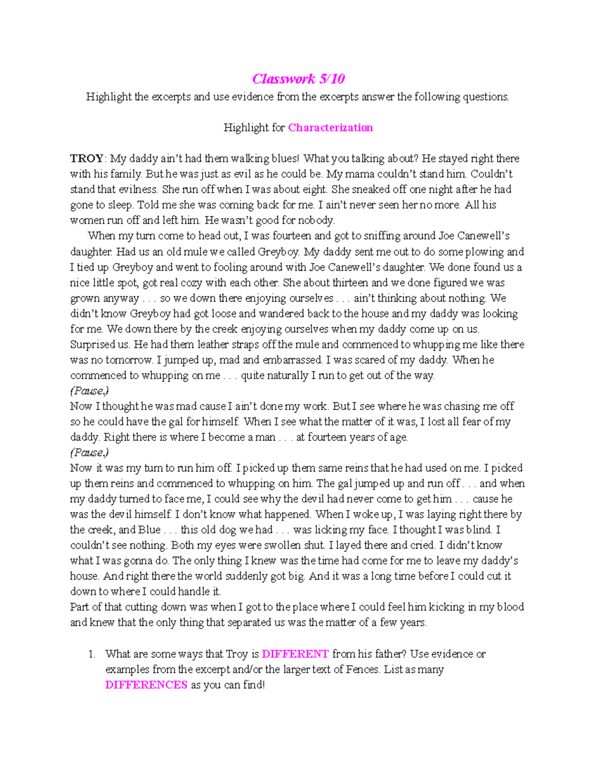 Kyle Skyers - Classwork 5 10-5 14 - Classwork 5/ Highlight the excerpts and use evidence from ...