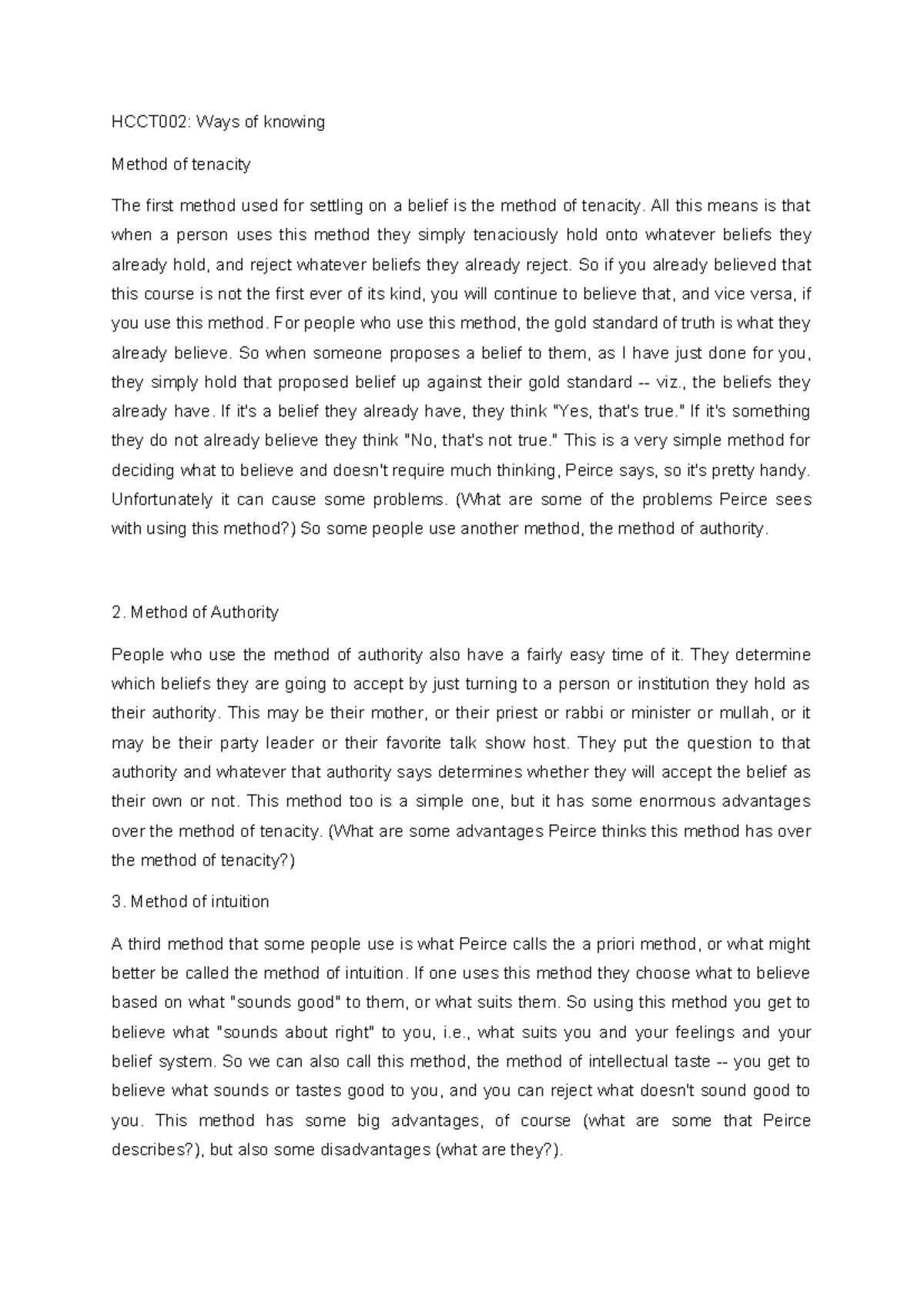 HCCT002 Ways of Knowing - HCCT002: Ways of knowing Method of tenacity ...